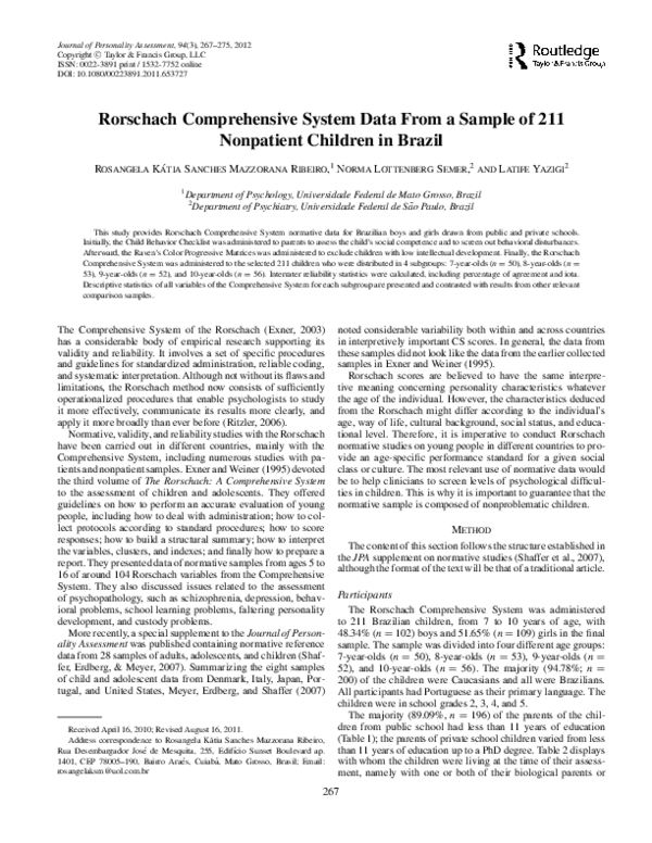 (PDF) Rorschach Comprehensive System Data From a Sample of 211 ...