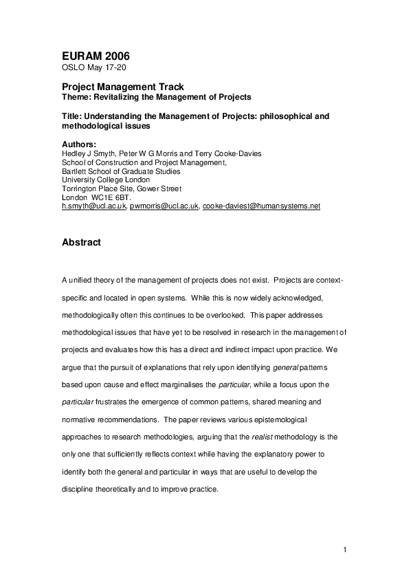 (PDF) Understanding Project Management: philosophical and methodological issues