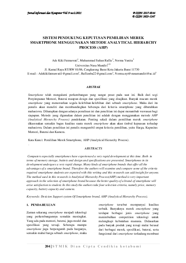 (PDF) Sistem Pendukung Keputusan Pemilihan Merek Smartphone Menggunakan Metode Analytical ...