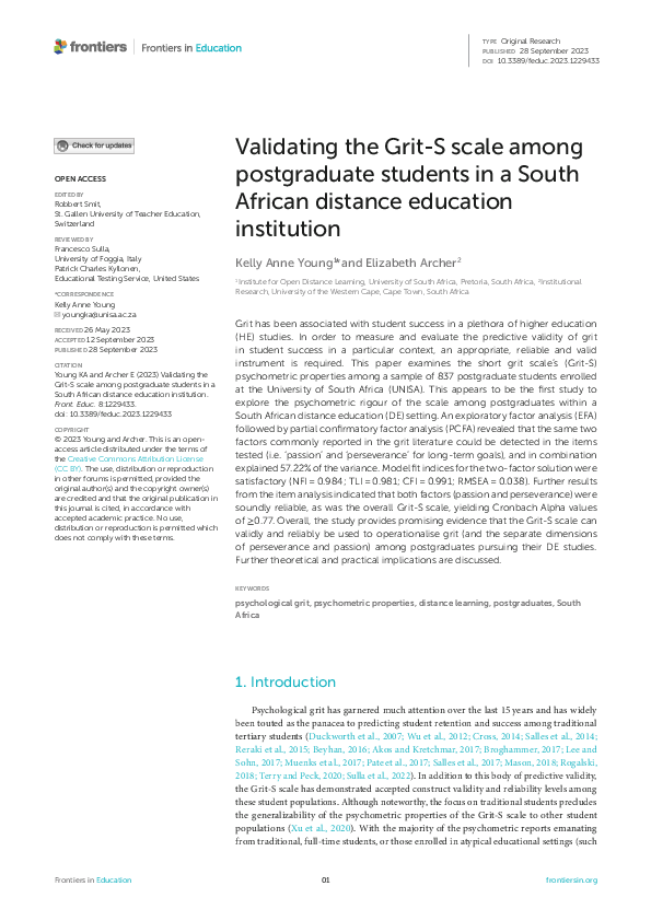 (PDF) Validating the Grit-S scale among postgraduate students in a ...