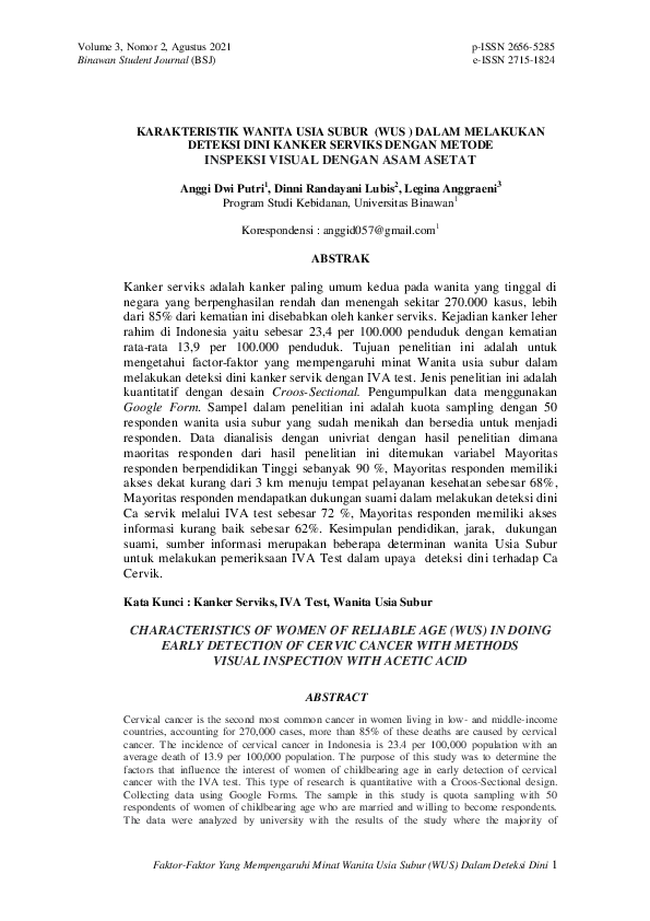 (PDF) Karakteristik Wanita Usia Subur (Wus ) Dalam Melakukan Deteksi ...