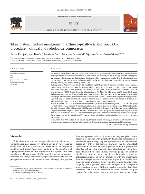 (PDF) Tibial plateau fracture management: arthroscopically-assisted versus ORIF procedure ...
