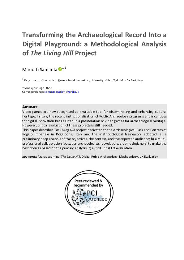 (PDF) Transforming the Archaeological Record Into a Digital Playground ...