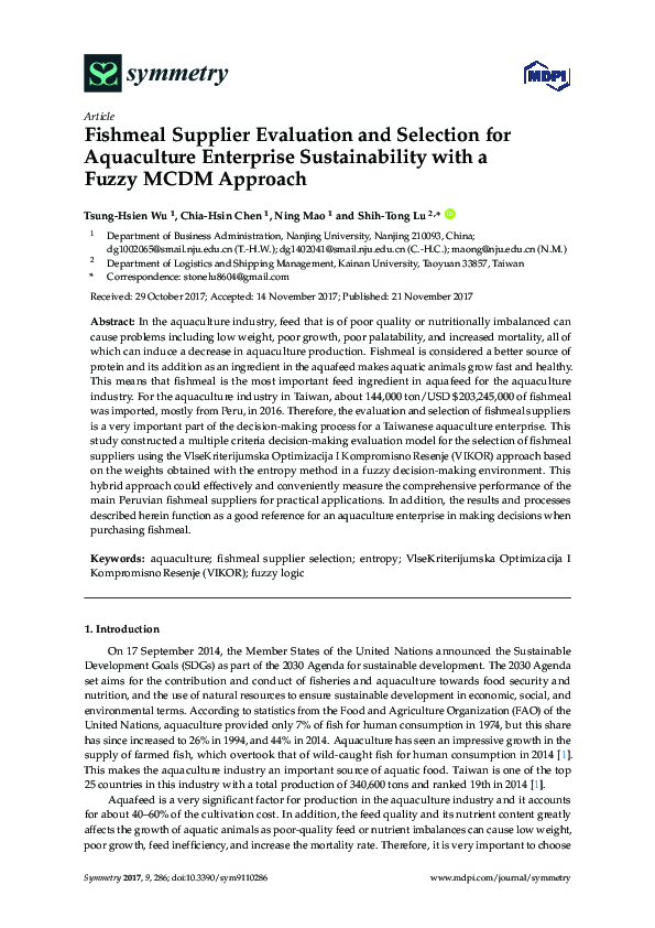 (PDF) Fishmeal Supplier Evaluation and Selection for Aquaculture Enterprise Sustainability with ...