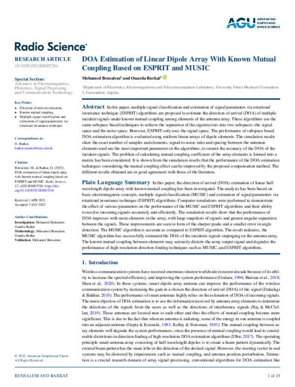 Pdf Doa Estimation Of Linear Dipole Array With Known Mutual Coupling Based On Esprit And Music