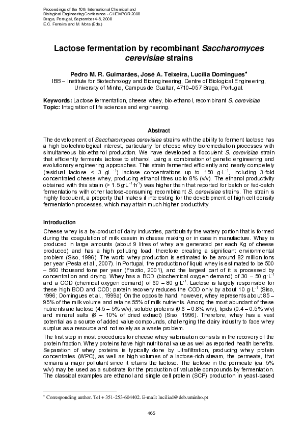 (PDF) Lactose fermentation by recombinant Saccharomyces cerevisiae strains