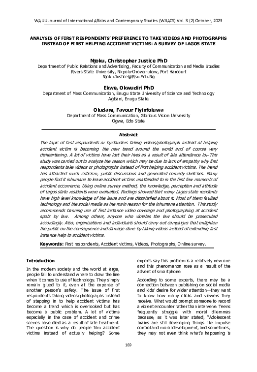 (PDF) ANALYSIS OF FIRST RESPONDENTS' PREFERENCE TO TAKE VIDEOS AND ...
