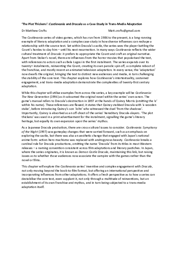 (DOC) 'The Plot Thickens': Castlevania and Dracula as a Case-Study in ...