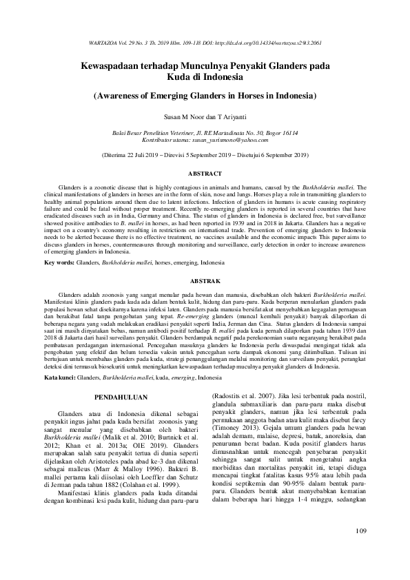 Awareness of Emerging Glanders in Horses in Indonesia