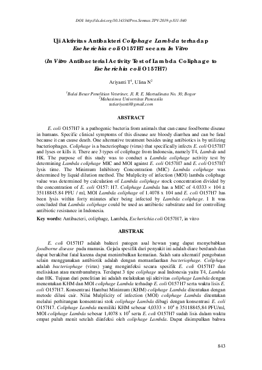 (PDF) Uji Aktivitas Antibakteri Coliphage Lambda terhadap Escherichia coli O157H7 secara in ...