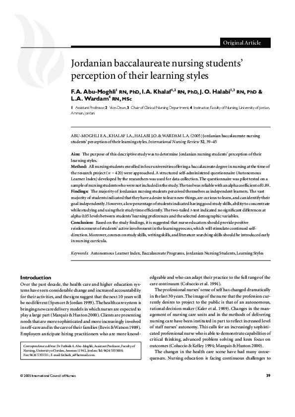 (PDF) Jordanian baccalaureate nursing students' perception of their learning styles | Dr. Jehad ...