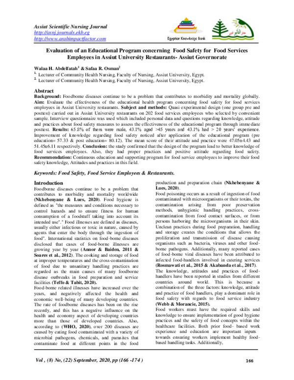 (PDF) Educational Program about Food Safety among Food Services Employees in Assiut University ...