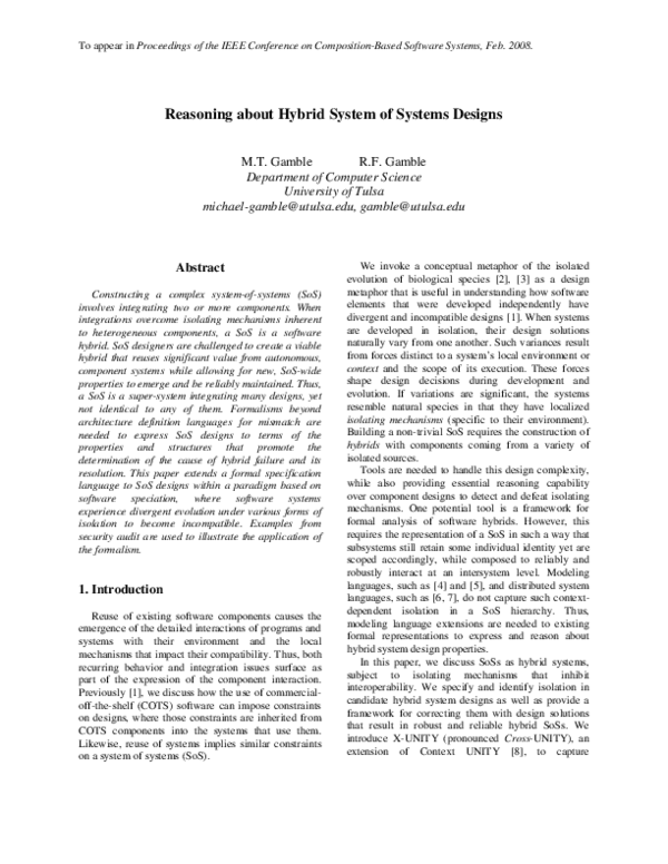 (PDF) Reasoning about Hybrid System of Systems Designs