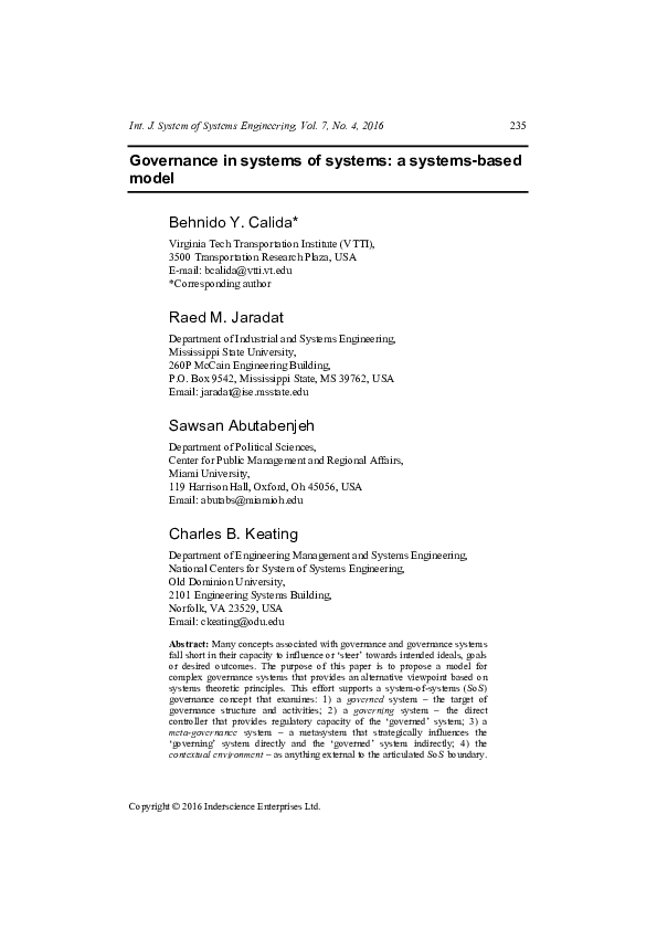 (PDF) Governance in systems of systems: a systems-based model