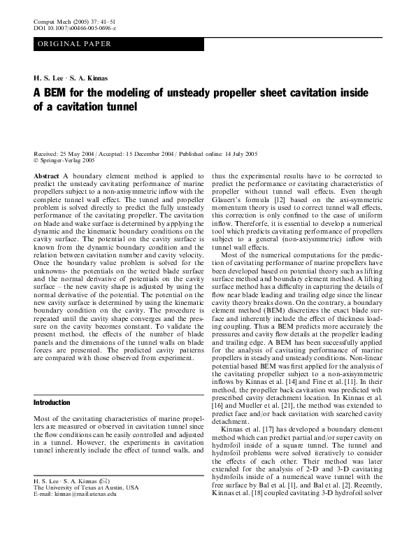 (PDF) A BEM for the modeling of unsteady propeller sheet cavitation ...