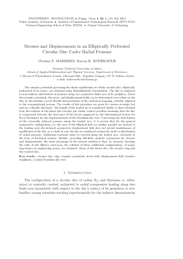 (PDF) Stresses and Displacements in an Elliptically Perforated Circular ...