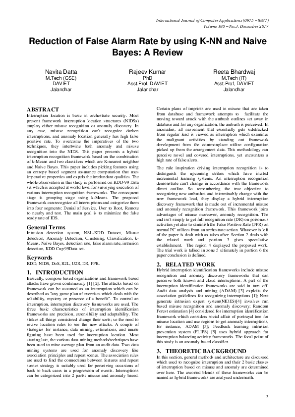 (PDF) Reduction of False Alarm Rate by using K-NN and Naive Bayes: A Review