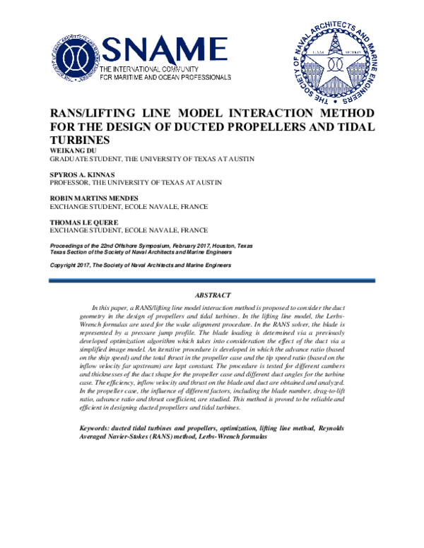 (PDF) RANS/Lifting Line Model Interaction Method for the Design of Ducted Propellers and Tidal ...
