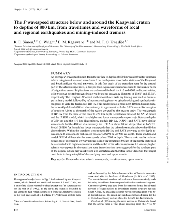 (PDF) ThePwavespeed structure below and around the Kaapvaal craton to ...