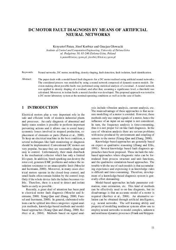 (PDF) DC Motor Fault Diagnosis by Means of Artificial Neural Networks