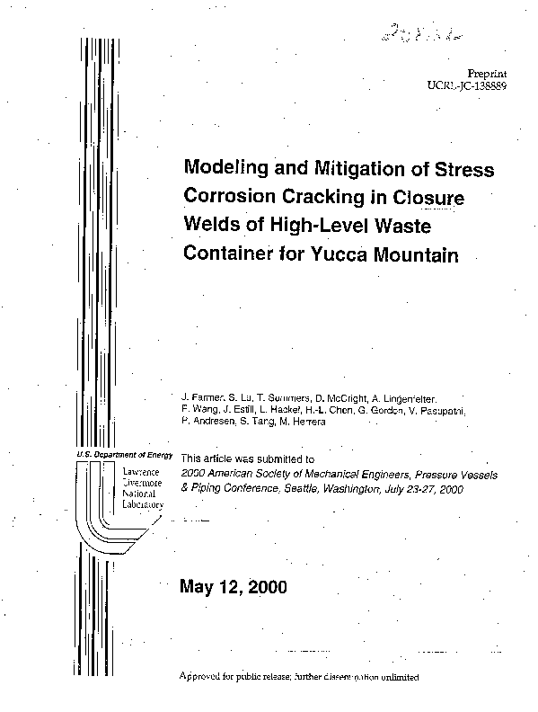 (PDF) Modeling and Mitigation of Stress Corrosion Cracking in Closure ...