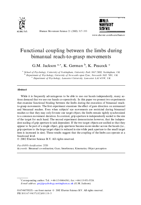 (PDF) Functional coupling between the limbs during bimanual reach-to ...