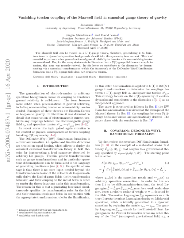 (PDF) Vanishing torsion coupling of the Maxwell field in canonical gauge theory of gravity
