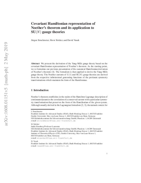 (PDF) Covariant Hamiltonian Representation of Noether’s Theorem and Its ...