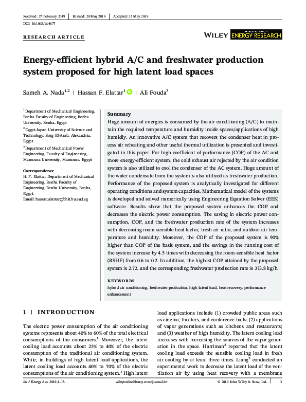 (PDF) Energy‐efficient hybrid A/C and freshwater production system ...