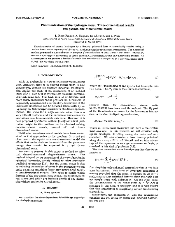 (PDF) Photoionization of Hydrogen: 3D Analysis and 1D Models Comparison