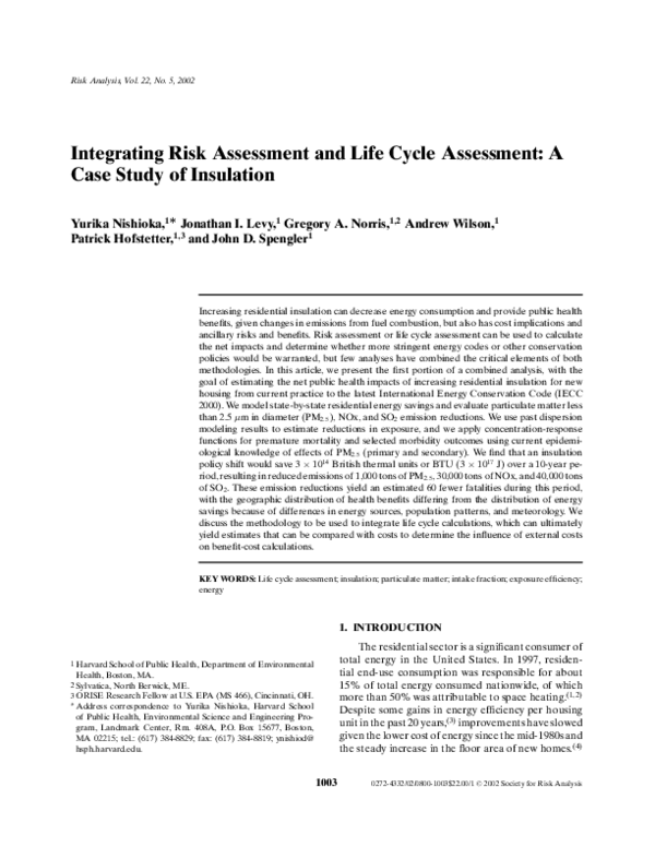 (PDF) Integrating Risk Assessment and Life Cycle Assessment: A Case Study of Insulation