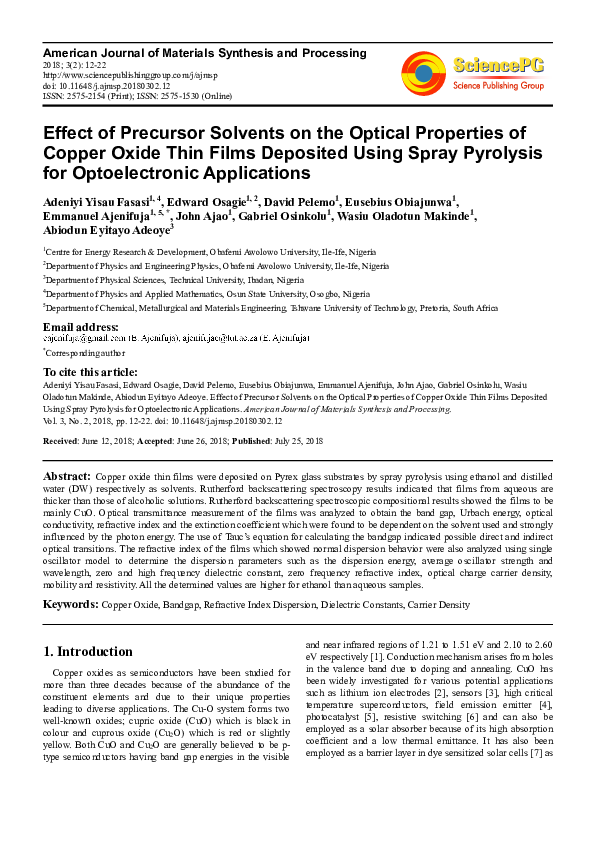 (PDF) Effect of Precursor Solvents on the Optical Properties of Copper Oxide Thin Films ...