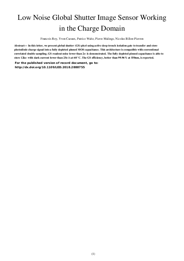 (PDF) Low Noise Global Shutter Image Sensor Working in the Charge Domain