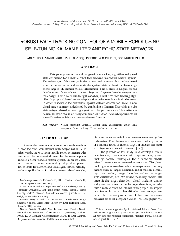 (PDF) Robust face tracking control of a mobile robot using self-tuning Kalman filter and echo ...