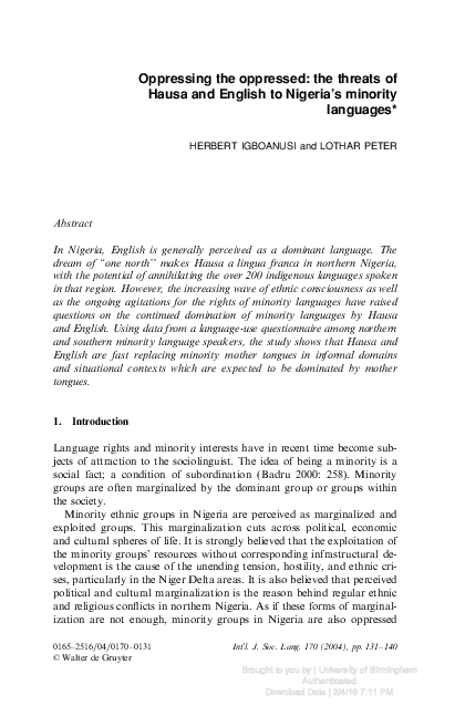 (PDF) Oppressing the oppressed: the threats of Hausa and English to ...