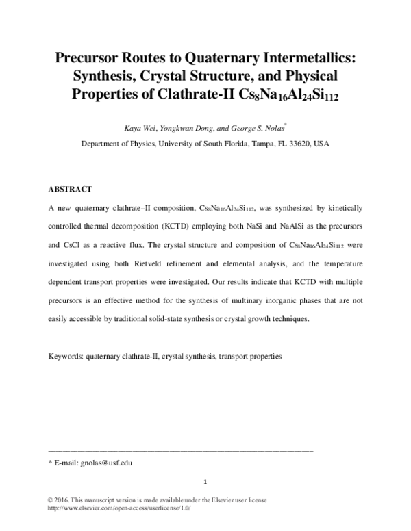 (PDF) Precursor routes to quaternary intermetallics: Synthesis, crystal ...