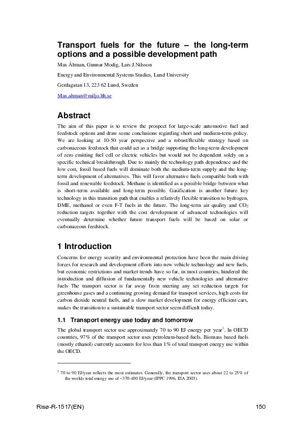 (PDF) Transport fuels for the future – the long-term options and a ...