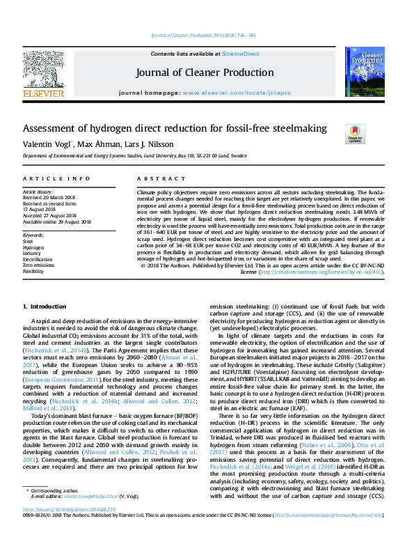 (PDF) Assessment of hydrogen direct reduction for fossil-free steelmaking