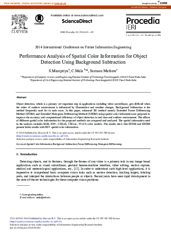 Pdf Performance Analysis Of Spatial Color Information For Object
