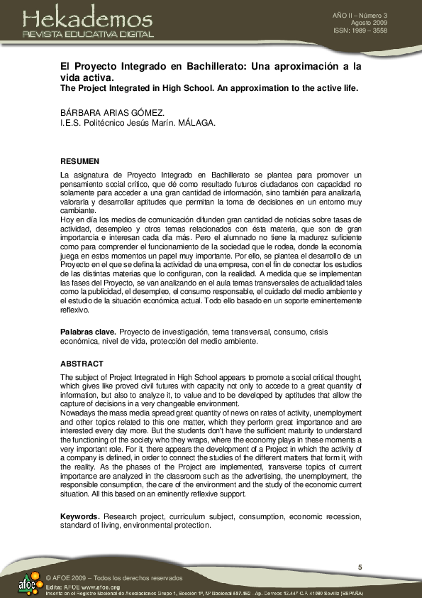 (PDF) El Proyecto Integrado en Bachillerato