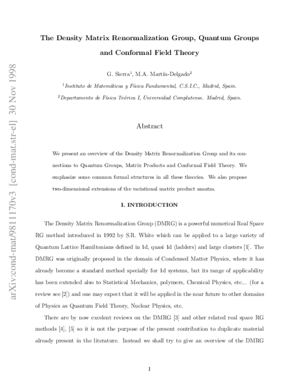(PDF) The Density Matrix Renormalization Group, Quantum Groups and Conformal Field Theory ...