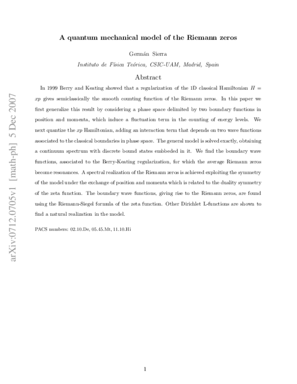 (PDF) A quantum mechanical model of the Riemann zeros