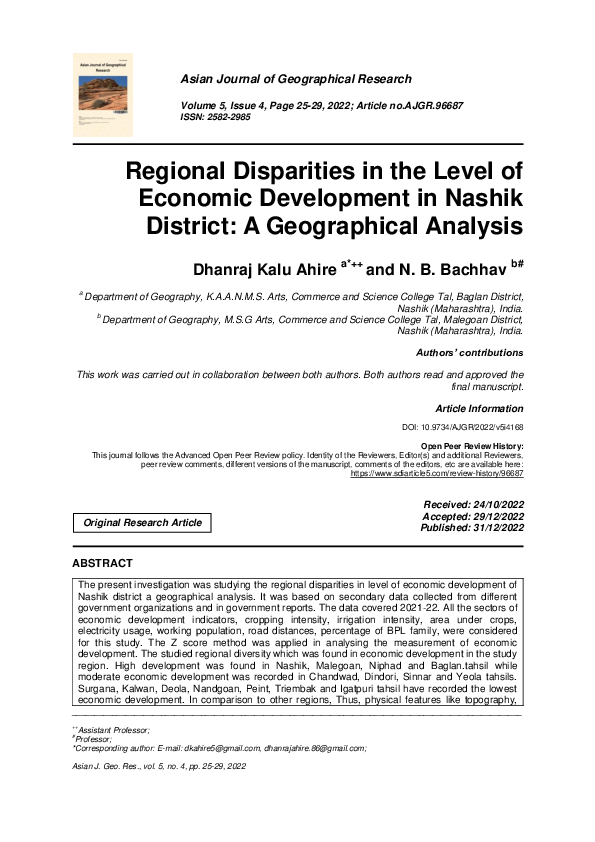 (PDF) Regional Disparities in the Level of Economic Development in Nashik District: A ...