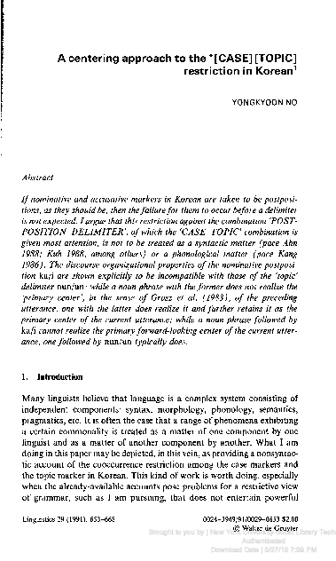 (PDF) A centering approach to the [CASE] [TOPIC] restriction in Korean