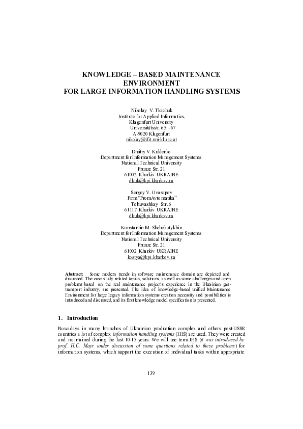 (PDF) Knowledge - based maintenance environment for large information handling systems