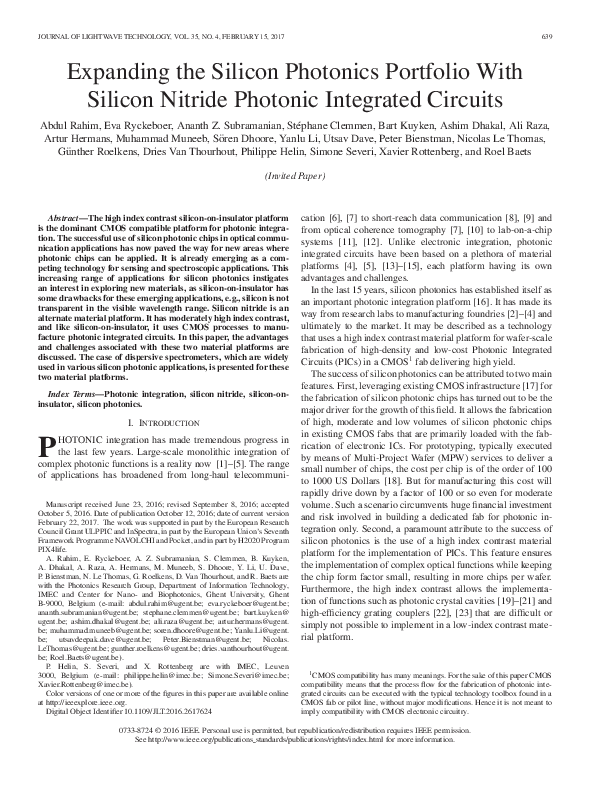 (PDF) Expanding the Silicon Photonics Portfolio With Silicon Nitride Photonic Integrated Circuits