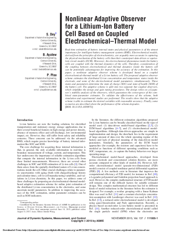 (PDF) Nonlinear Adaptive Observer for a Lithium-Ion Battery Cell Based on Coupled ...
