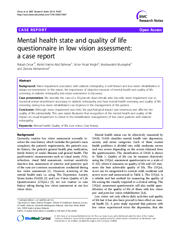(PDF) Mental health state and quality of life questionnaire in low vision assessment: a case report