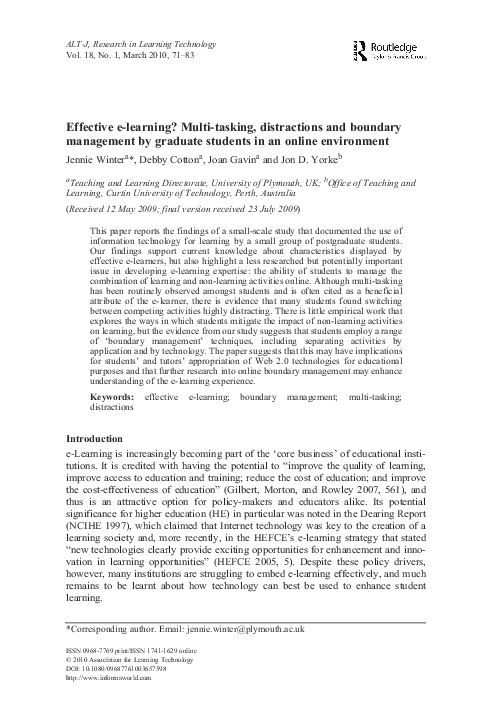 (PDF) Effective e-learning? Multi-tasking, distractions and boundary management by graduate ...