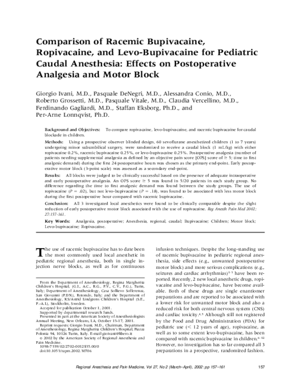 (PDF) Comparison of Racemic Bupivacaine, Ropivacaine, And Levo ...